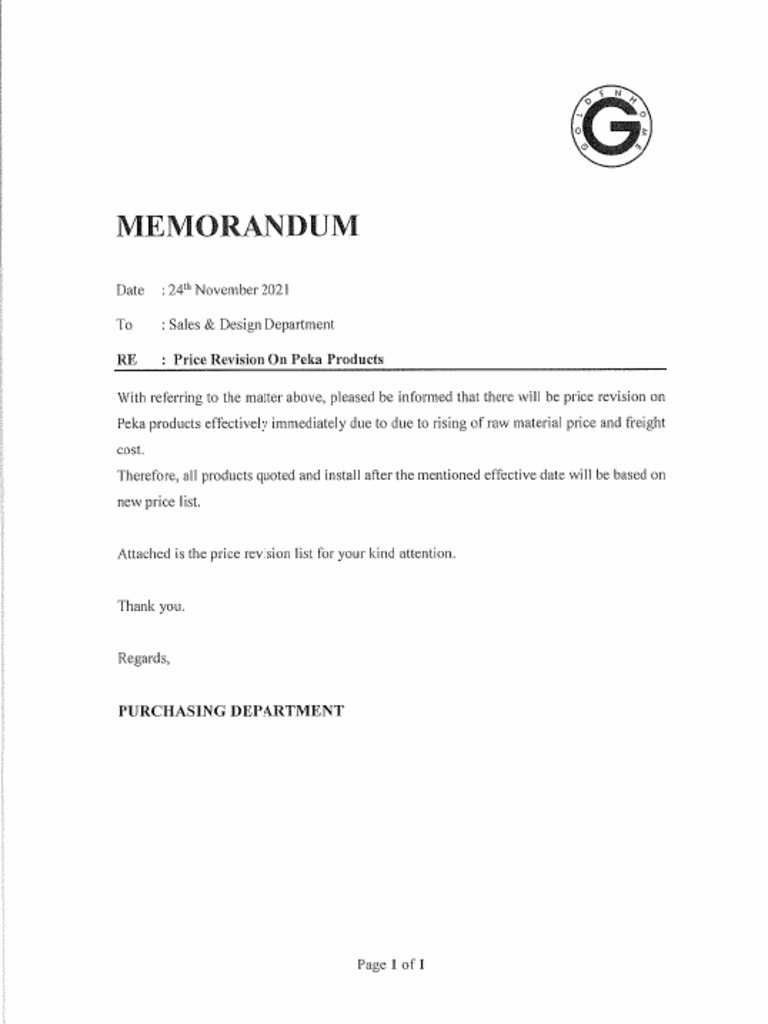 018 - MEMO - Price Revision For Peka Accessories | PDF