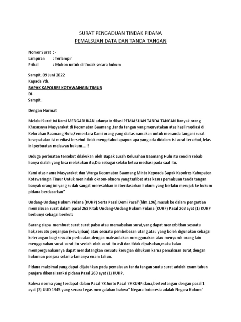Surat Pemalsuan Tindak Pidana Pemalsuan Data Dan Tanda Tangan | PDF