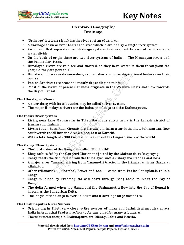 09 Social Science Key Notes Geo ch3 Drainage | PDF | Himalayas | Indus ...