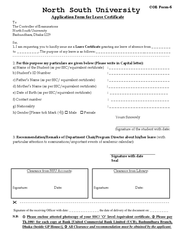 NSU Leave Certificate Application Form | PDF | Career & Growth | Business