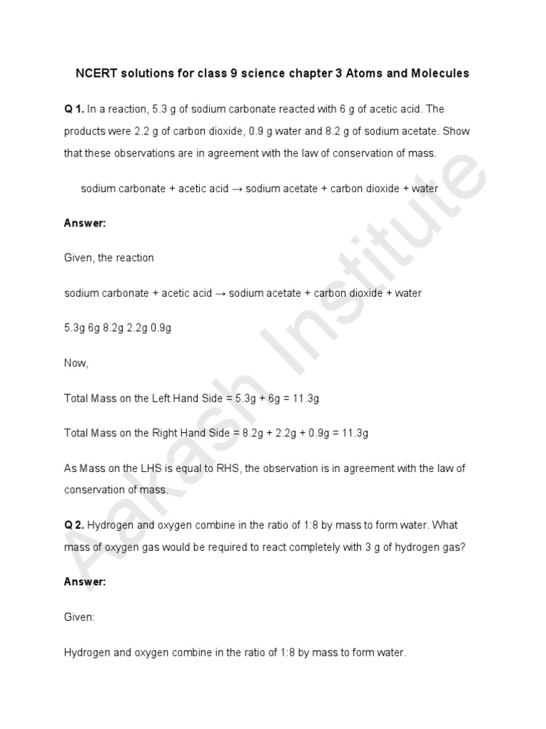Ncert Solutions Class 9 Science Chapter 3 Atoms and Molecules - 0 | PDF | Molecules | Chemical ...