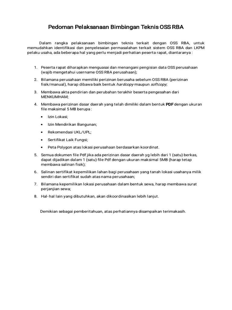 Panduan Bimbingan Teknis OSS RBA | PDF
