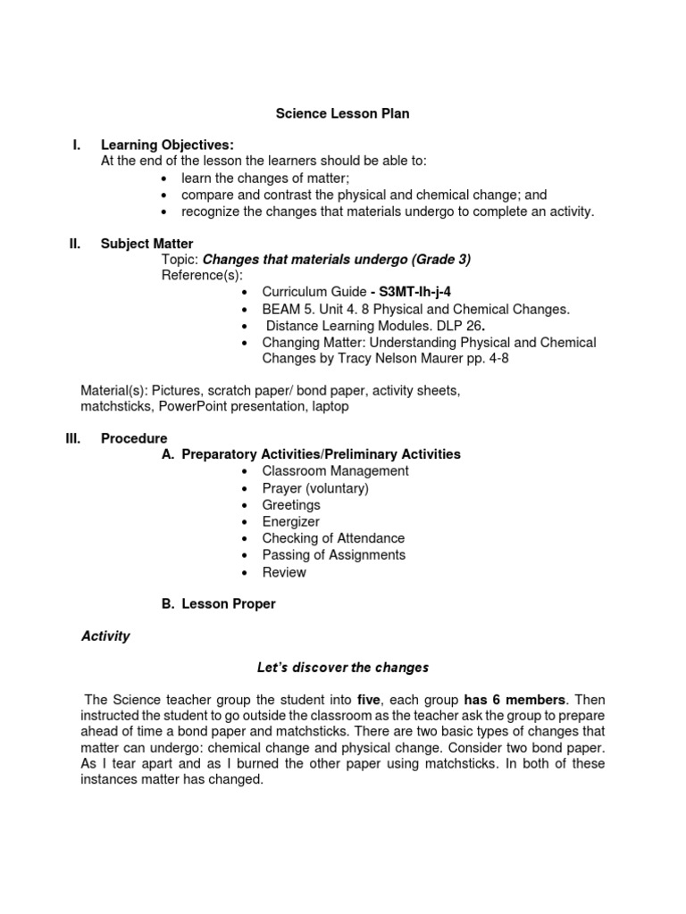 Week 01 Science Lesson Plan Changes That Materials Undergo Grade 3 ...