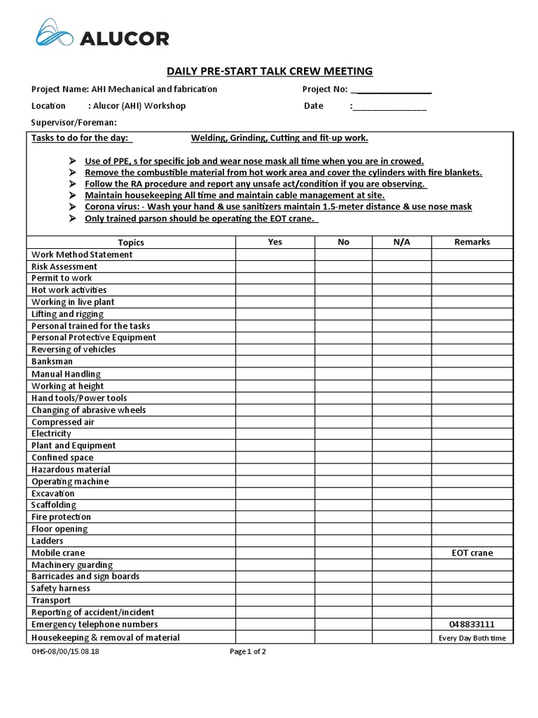 Daily Pre-Start Talk Crew Meeting | PDF | Crane (Machine) | Personal ...