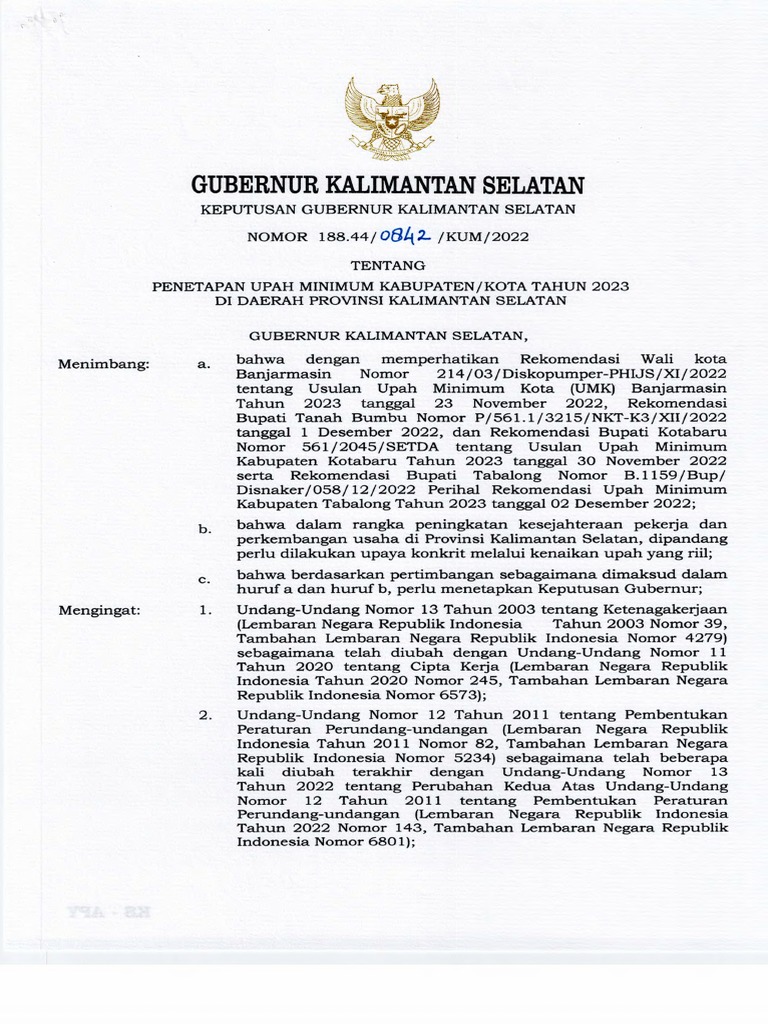 Kalimantan Selatan 2023 No. 188.34 SK UMK | PDF