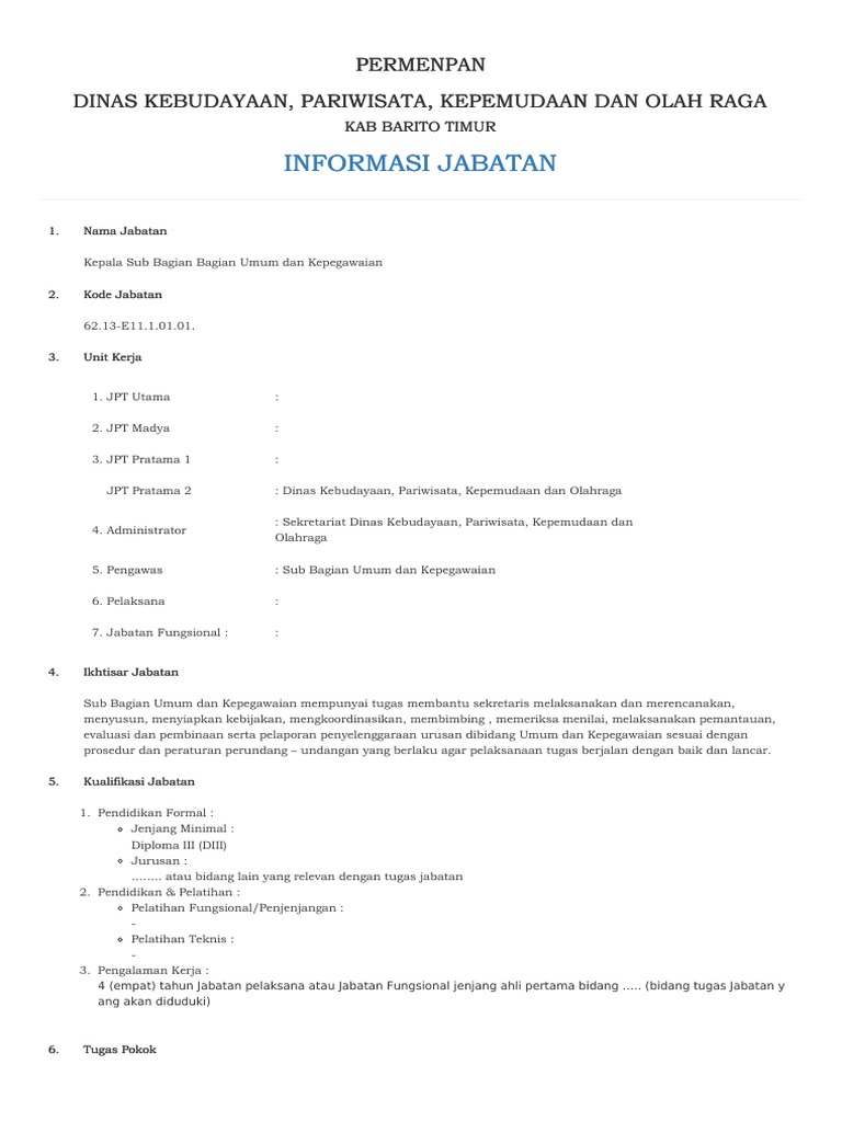 Anjab Kepala Sub Bagian Bagian Umum Dan Kepegawaian | PDF