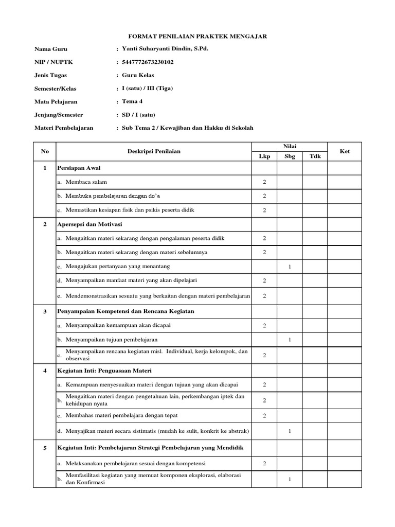 Format Penilaian Praktek Mengajar | PDF
