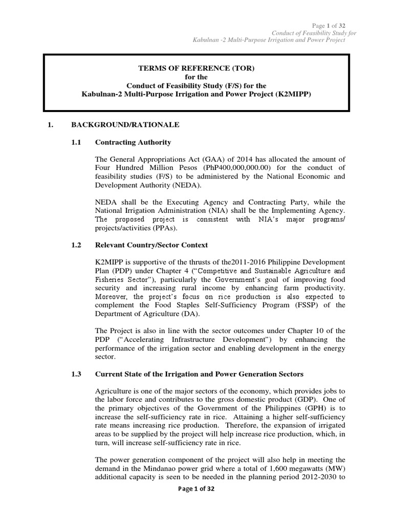 Terms of Reference For The Conduct of FS For The Kabulnan 2 Multi ...