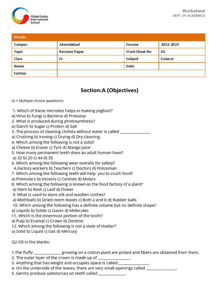 Grade 4 Revision Paper Half Yearly Exam-1 | PDF | Tooth | Solubility
