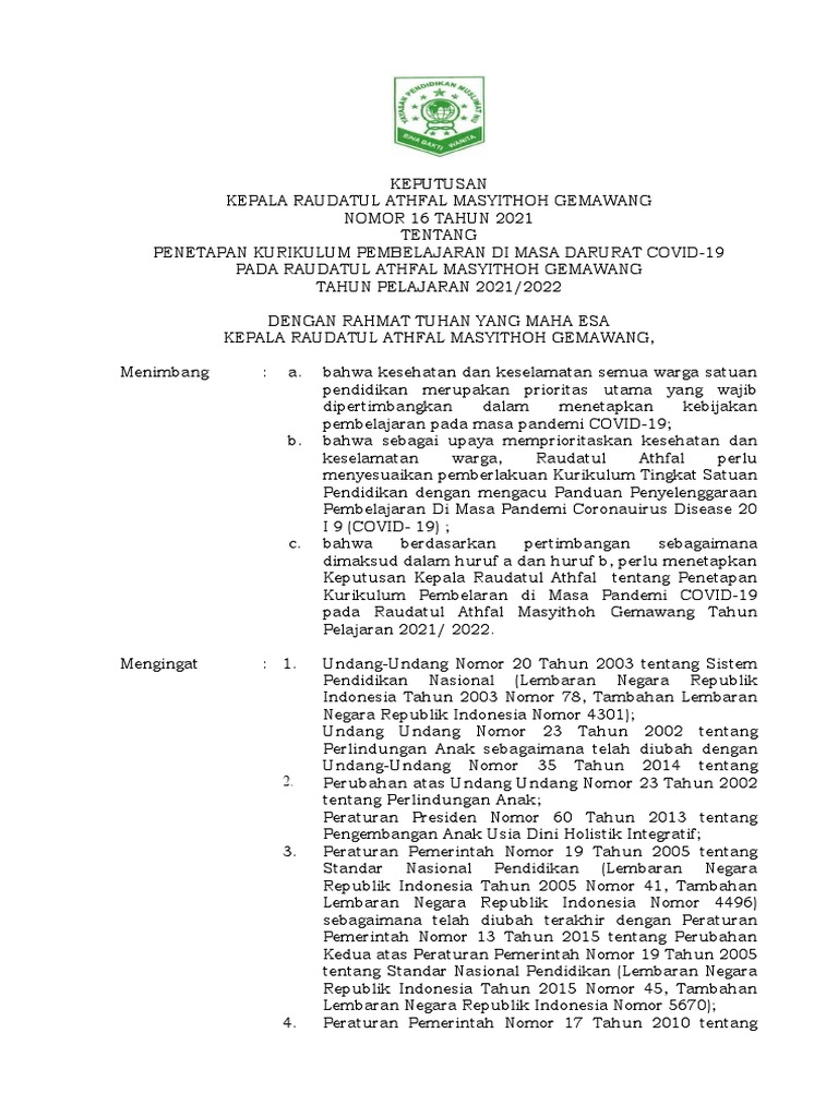 SK Penetapan Kurikulum Darurat RA | PDF