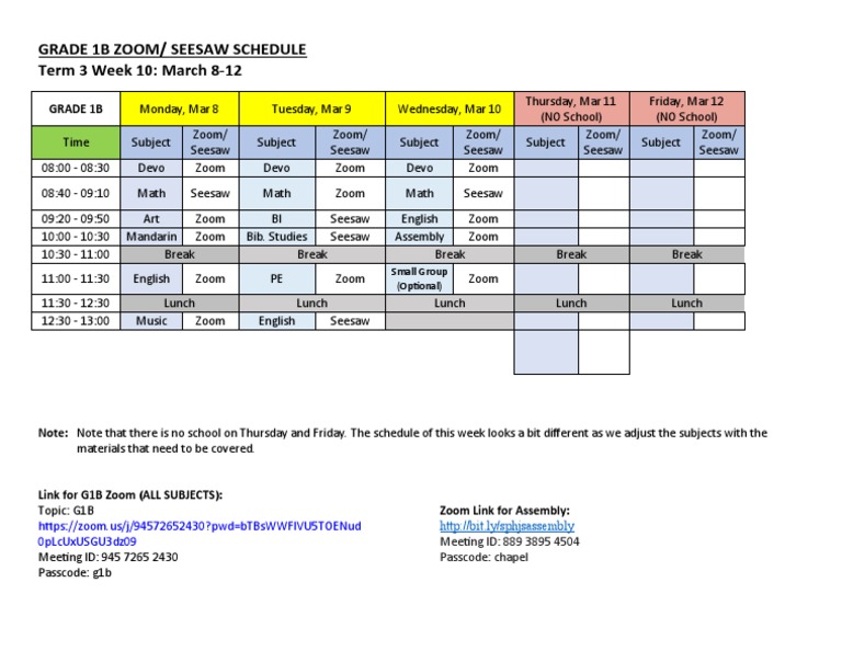 GRADE 1B Week 10 Schedule | PDF | Language Arts & Discipline