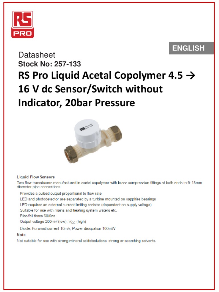 RS Pro Liquid Flow Sensor Datasheet | PDF | Pump | Diode