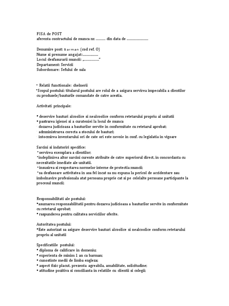 Fisa de Post Barman | PDF