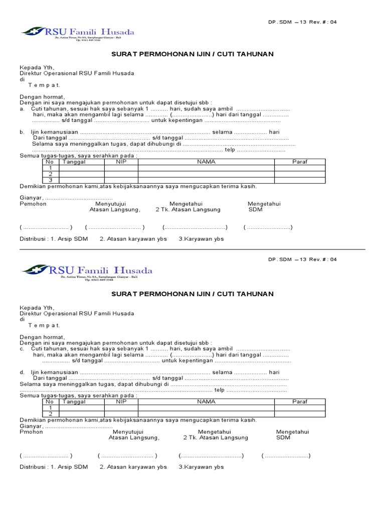 DP SDM-13 Form Surat Permhnan Ijin Cuti Thnan | PDF