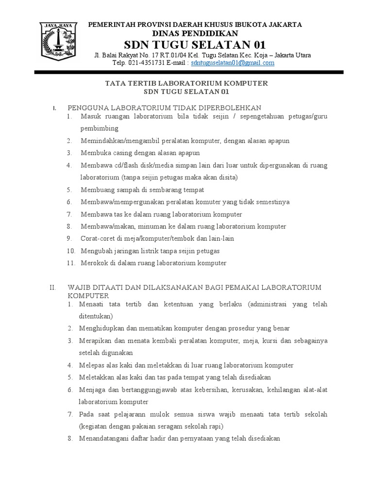 Tata Tertib Laboratorium Komputer SDN Tugu Selatan 01 | PDF
