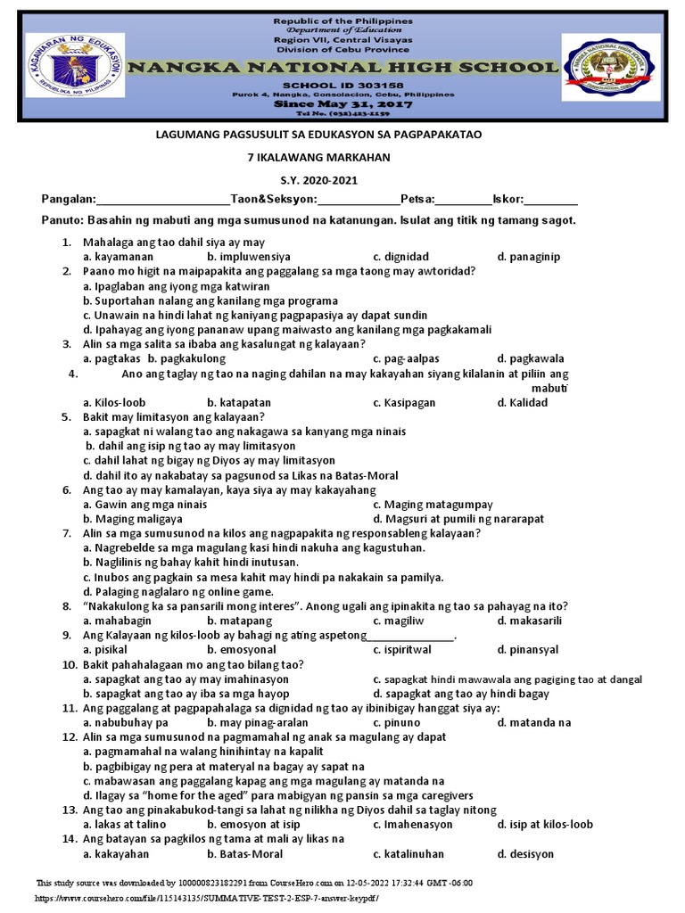 SUMMATIVE TEST 2 ESP 7 Answer Key PDF | PDF