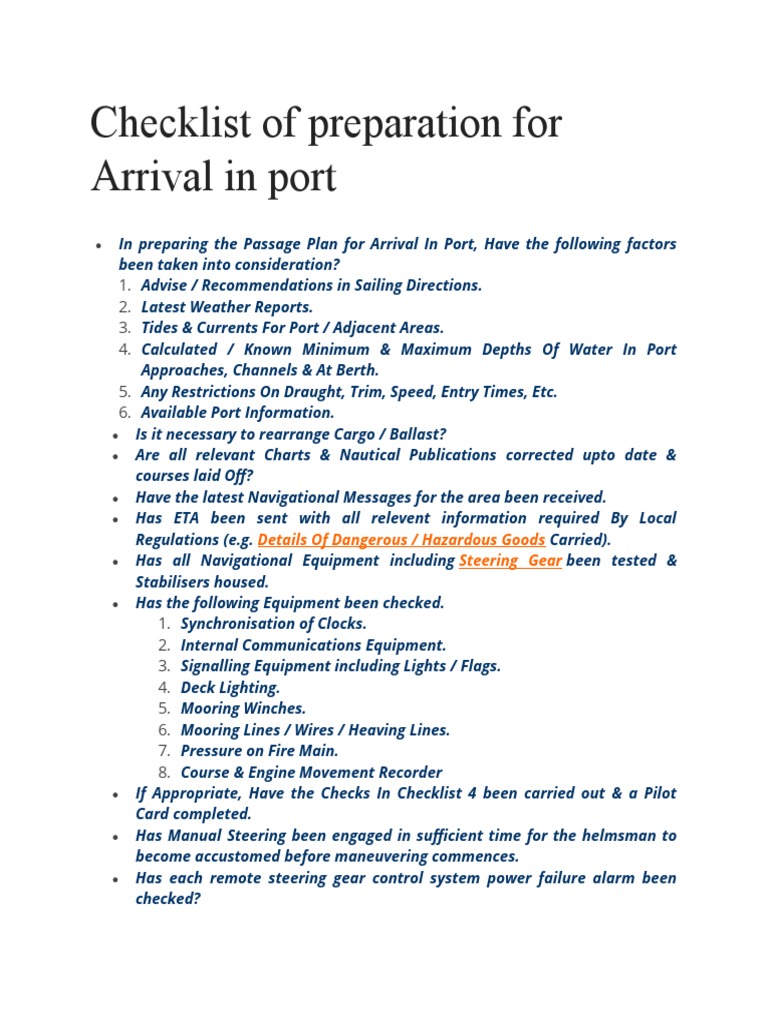 Checklist of Preparation For Arrival in Port | Download Free PDF ...