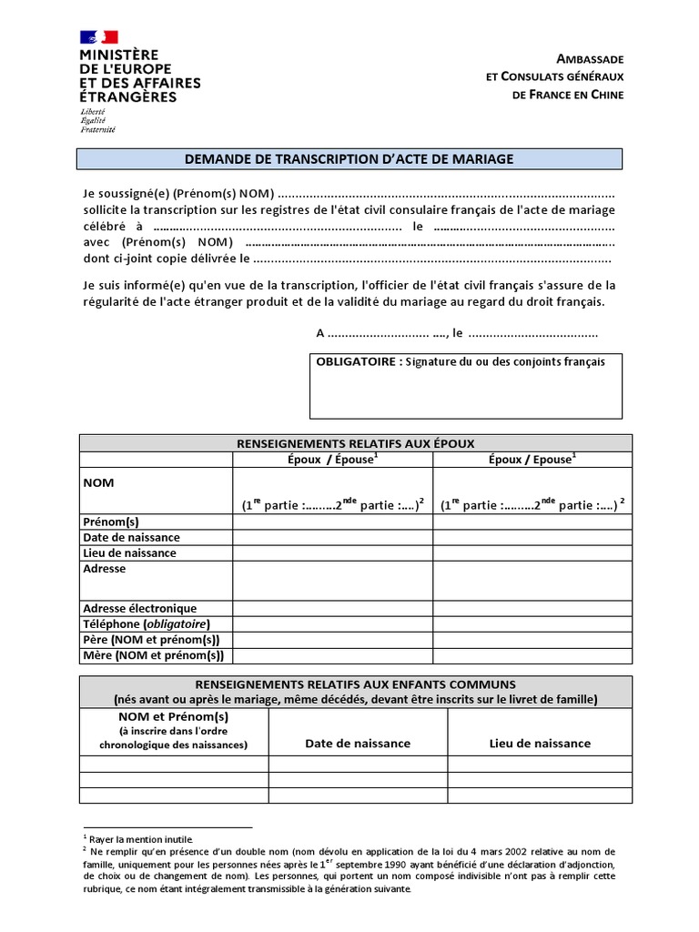 Formulaire de Demande de Transcription Acte Mariage | PDF | Mariage | Gouvernement