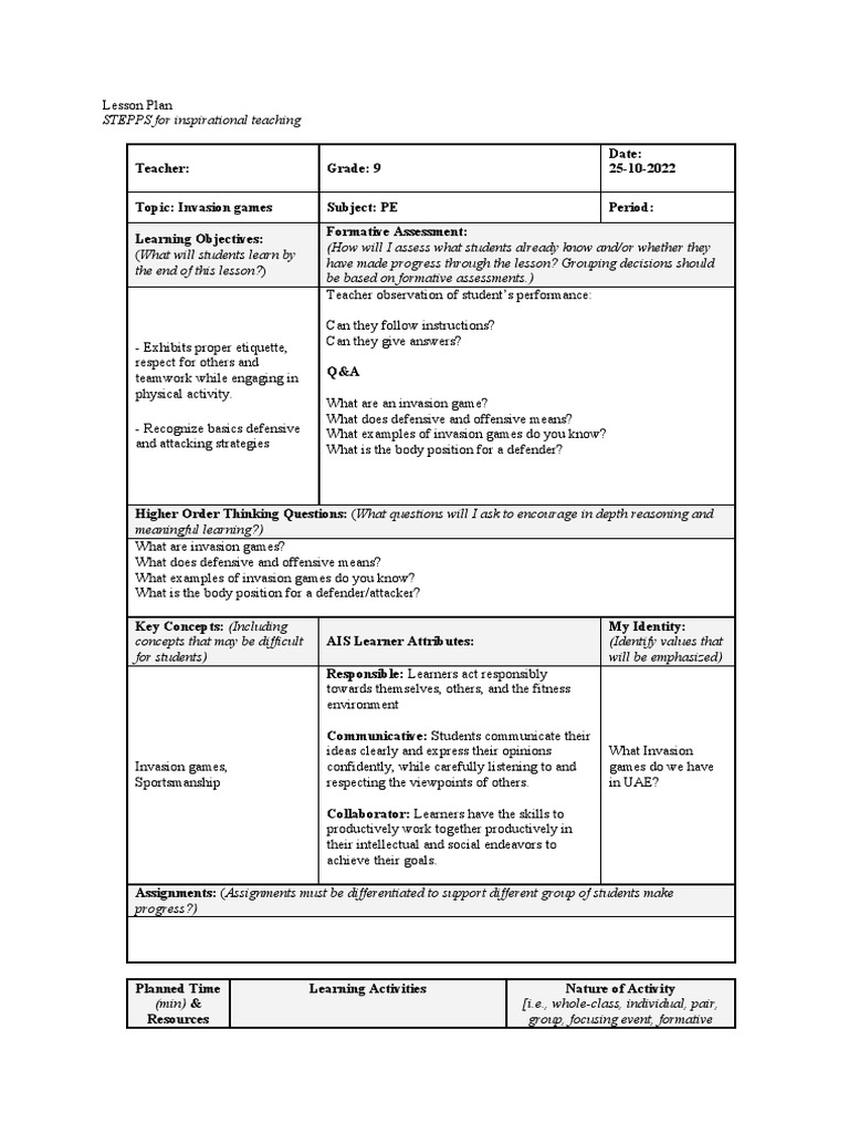 Developing Skills and Sportsmanship Through Invasion Games | PDF