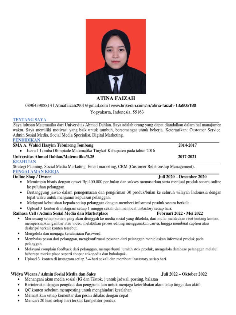 Resume Atina Faizah Glints | PDF | Bisnis