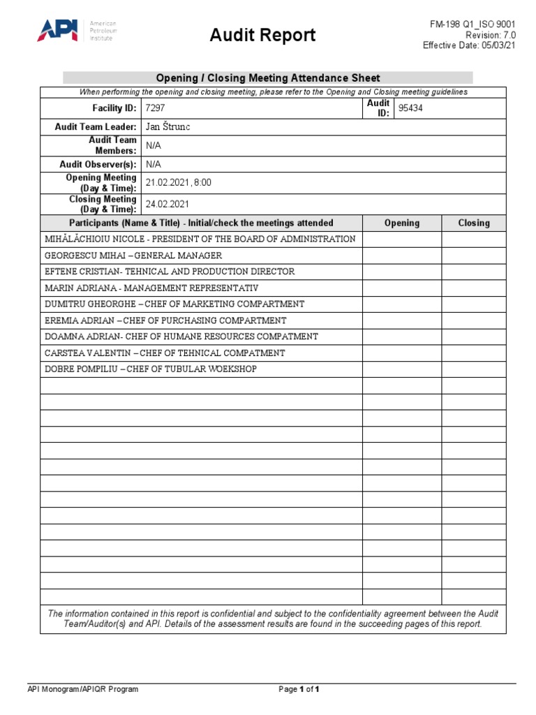 Facility 7297 Audit Attendance Sheet For Audit 95434 | PDF