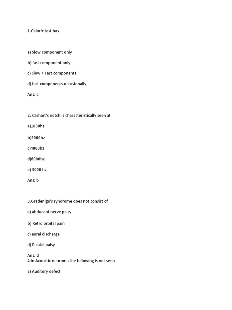 ENT Objective Questions & Answers | PDF | Ear | Auditory System