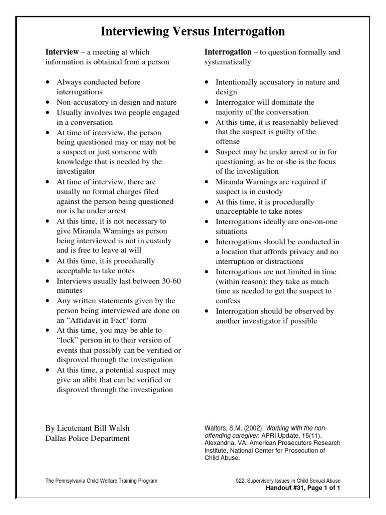 Principles of Interrogation vs Interviewing | PDF | Arrest | Miranda ...