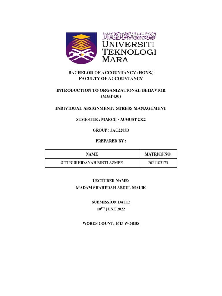 MGT430 Individual Assignment 2 - Stress Management | PDF | Stress ...