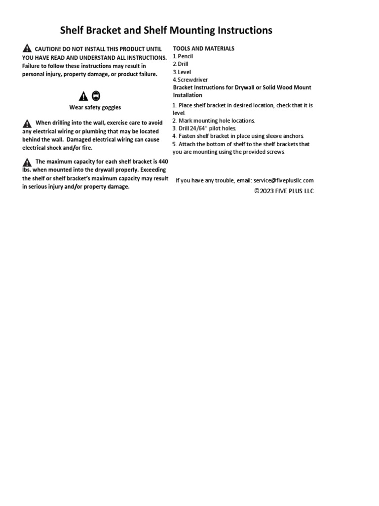 Shelf Bracket and Shelf Mounting Instructions: ©202 3 Five Plus LLC | PDF