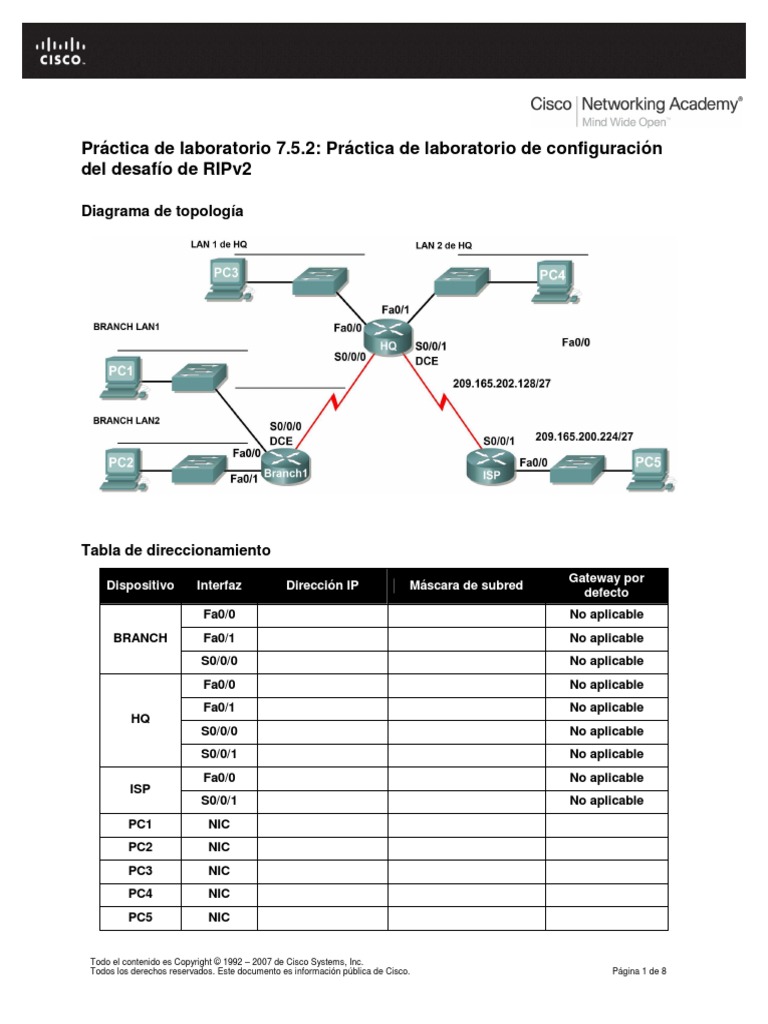 Practica de Laboratorio 7.5.2 - Practica de Laboratorio de Configuracion Del Desafio de RIPv2 ...