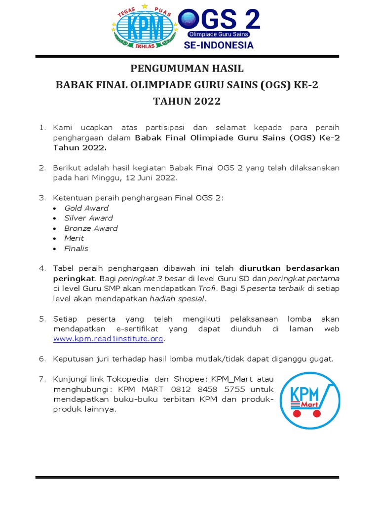 Hasil Babak Final OGS Level SD | PDF