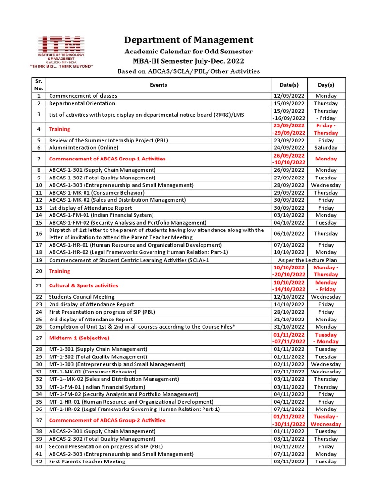 Departmental Acadmic Calender 3rd Sem | PDF | Academic Term | Business