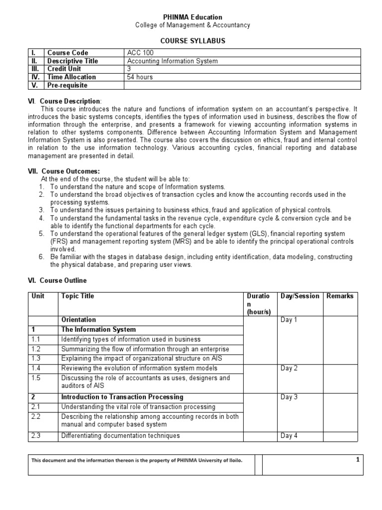 ACC 100: Accounting Info System Syllabus | PDF | Internal Control ...