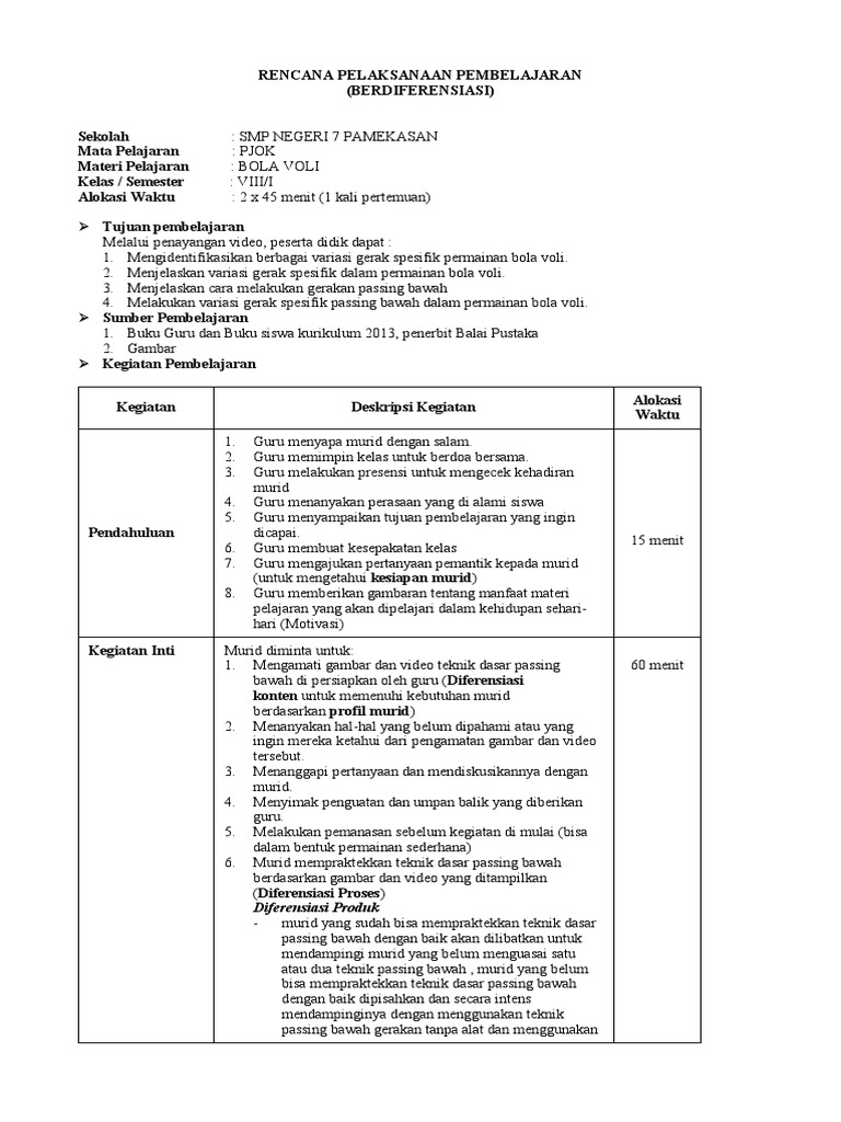 Contoh RPP Berdiferensiasi PJOK SMP Kls 8 Bola Voli | PDF
