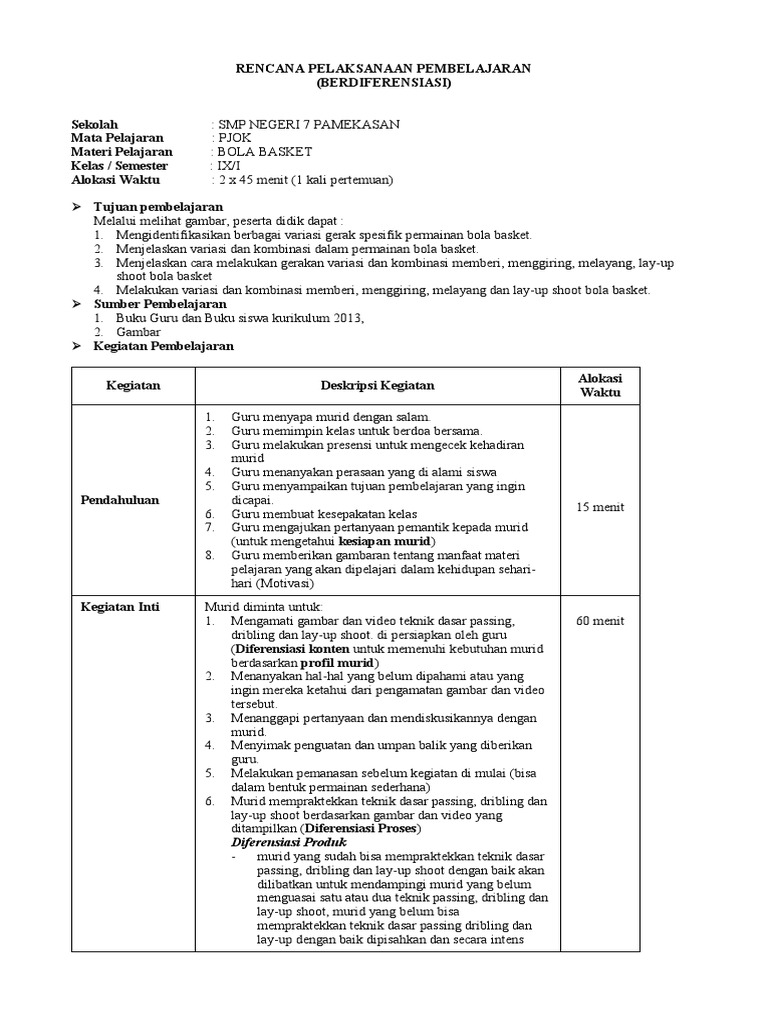 Contoh RPP Berdiferensiasi PJOK SMP Kls 9 Bola Basket | PDF