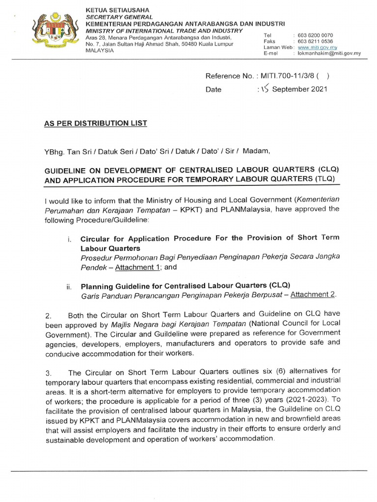 Guideline On Dev of Centralised Labour Quarters CLQ and App Procedure | PDF