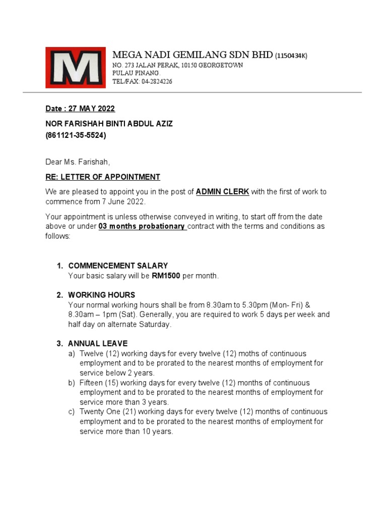 Appointment Letter Admin Clerk | PDF | Employment | Common Law