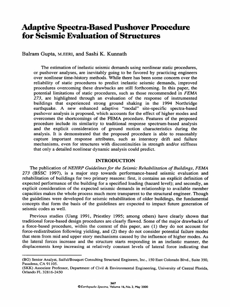 Adaptive Spectra-Based Pushover Procedure For Seismic Evaluation of Structures | PDF