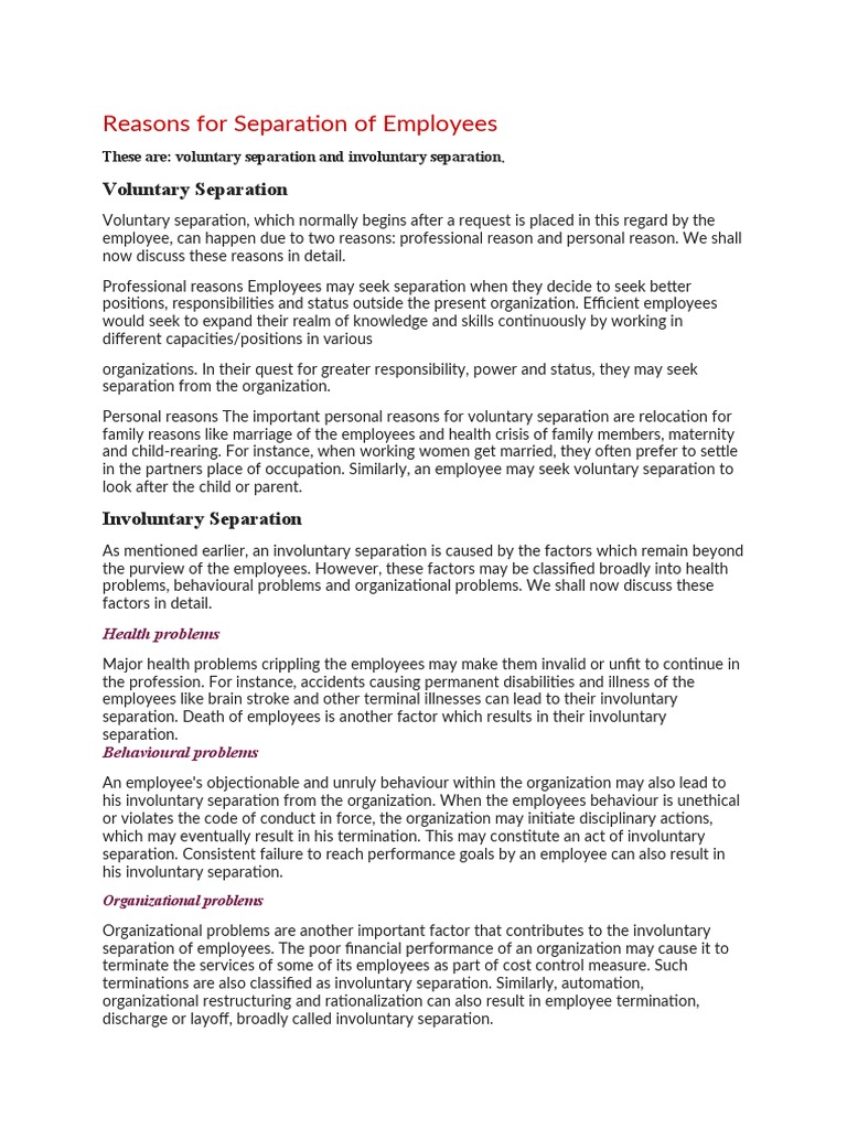 Reasons For Separation | PDF | Business | Behavioural Sciences
