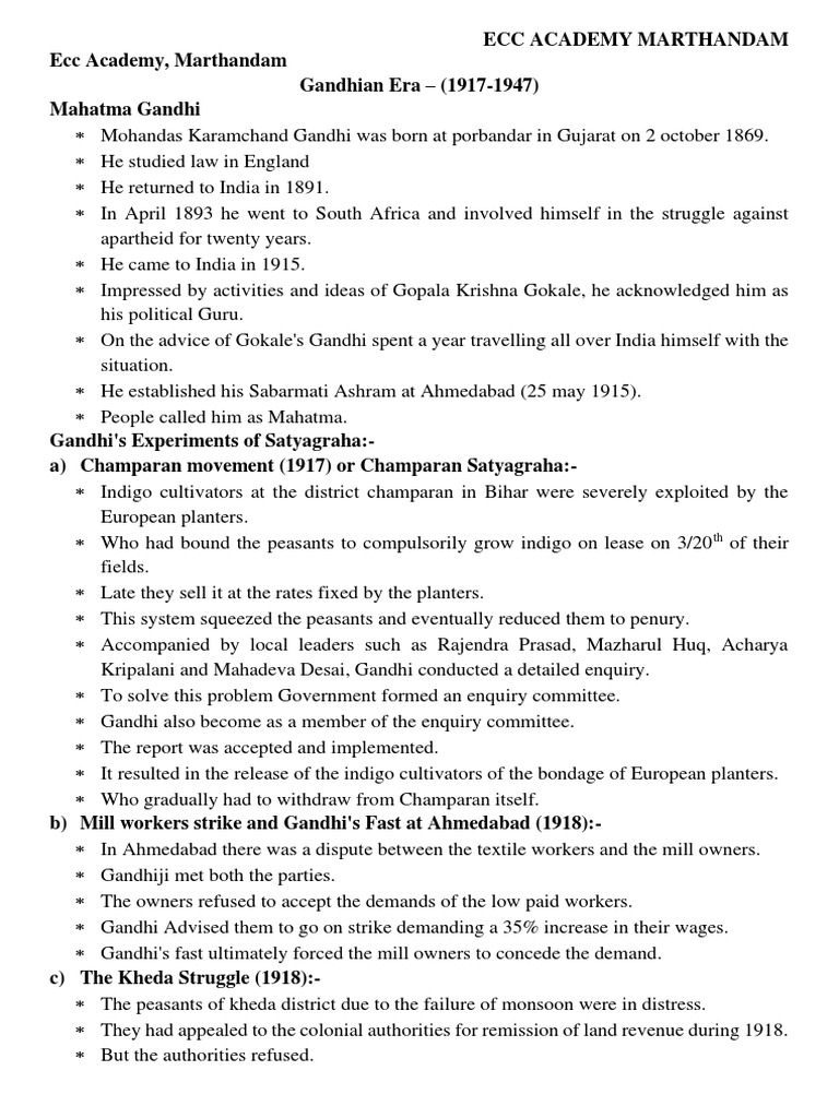Gandhian Era English Notes | PDF | Partition Of India | Mahatma Gandhi