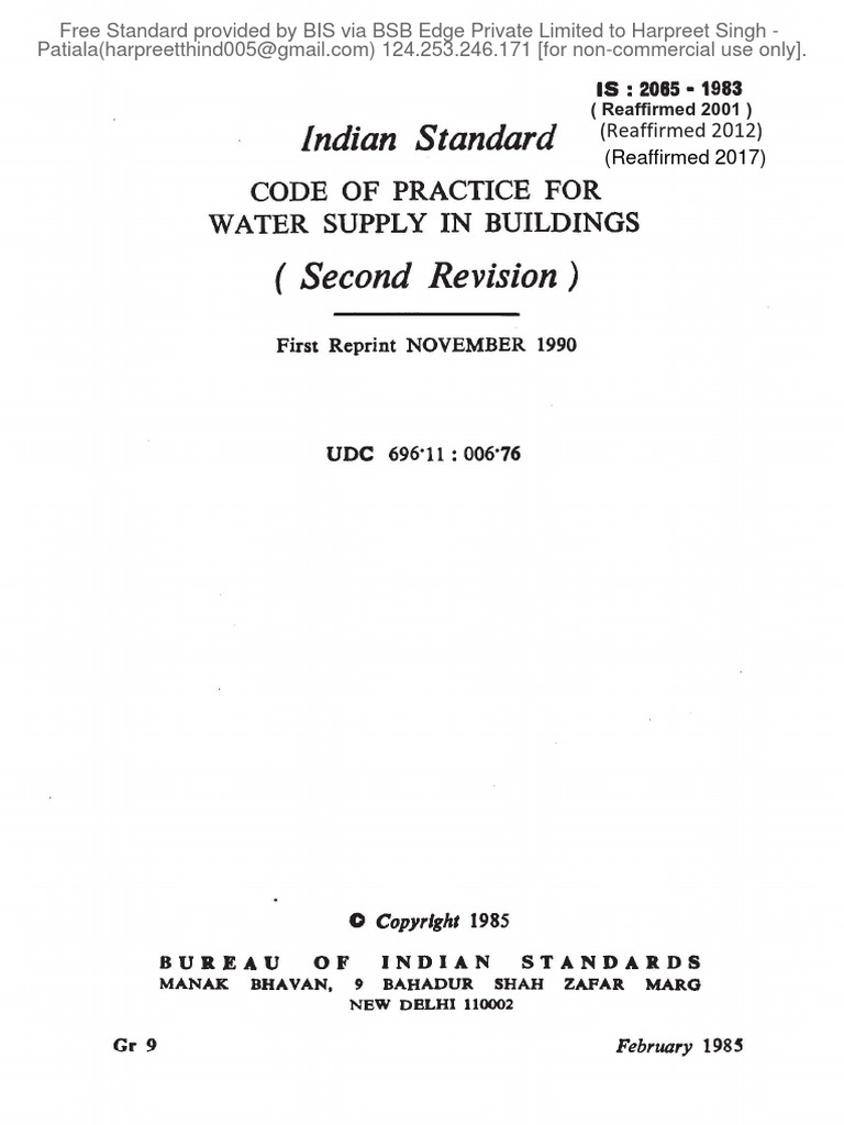 Indian Standard: Code of Practice For Water Supply in Buildings | PDF