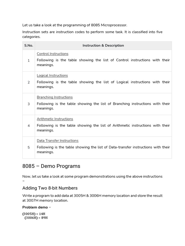 8085 - Demo Programs: S.No. Instruction & Description | PDF | Computer Programming | Information Age