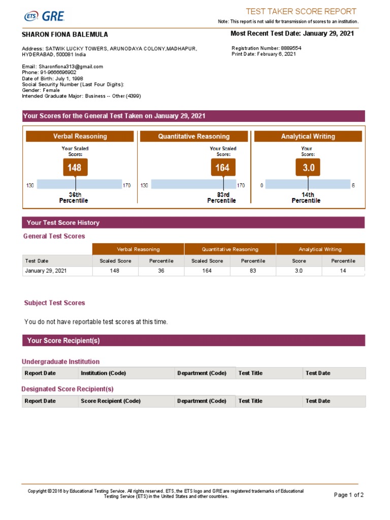 Gre Score Card PDF | Download Free PDF | Graduate Record Examinations