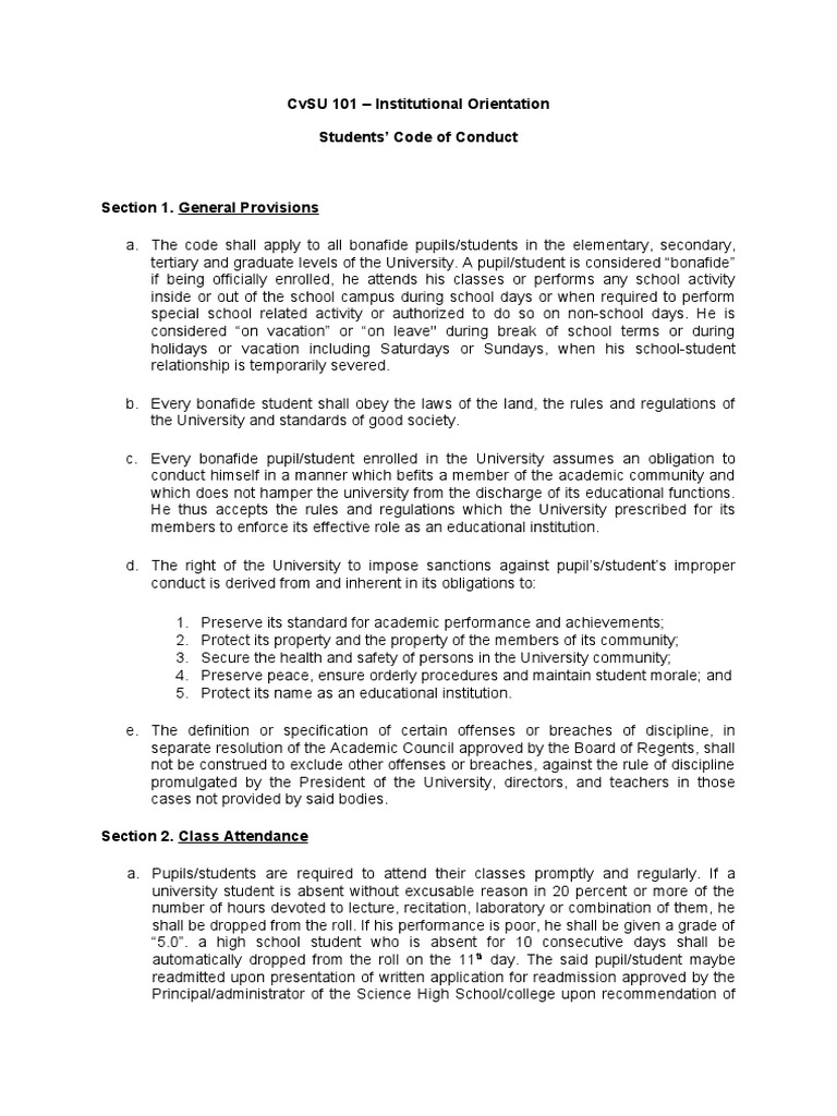 CvSU 101-Students' Code of Conduct | PDF