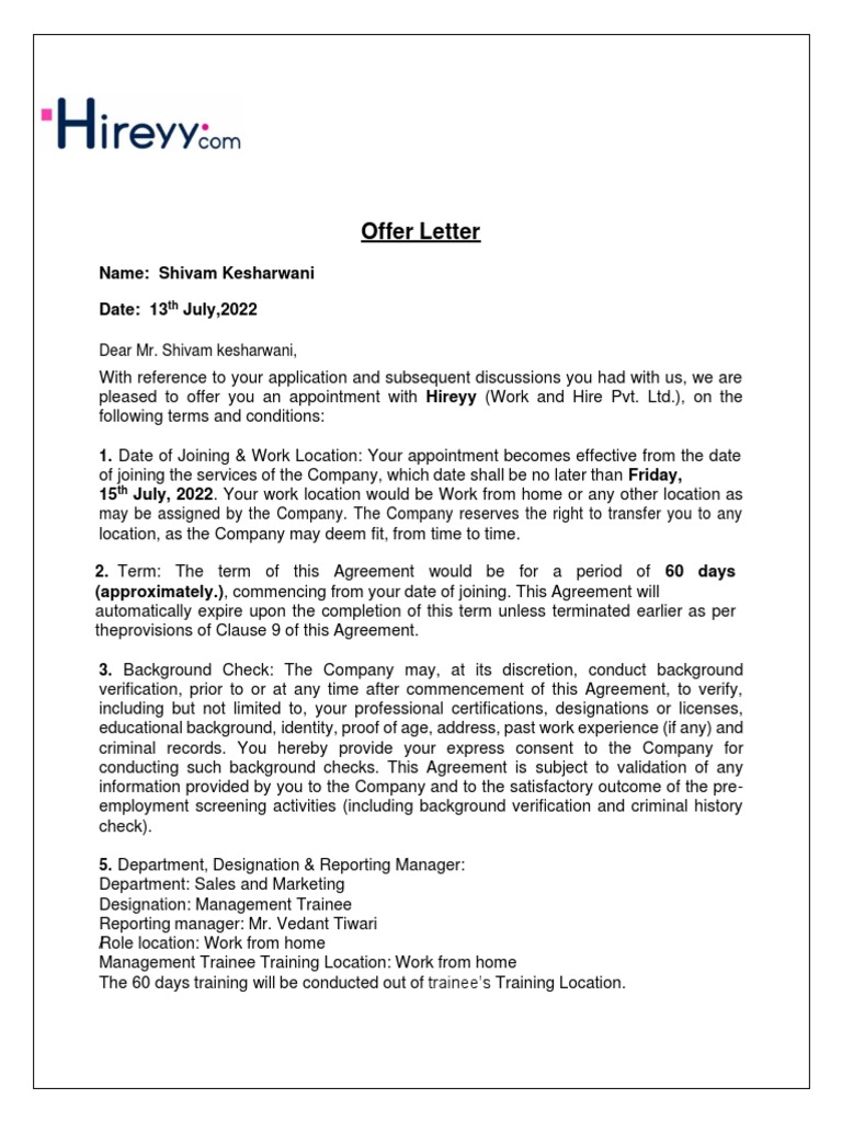 Offer Letter (Shivam Kesharwani (MT) | Download Free PDF | Indemnity ...
