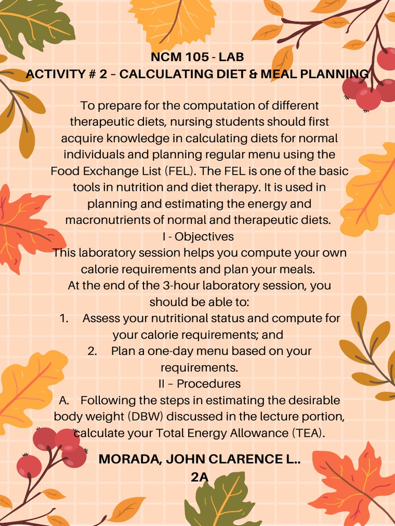 NCM 105 - Lab Activity # 2 - Calculating Diet & Meal Planning Morada ...