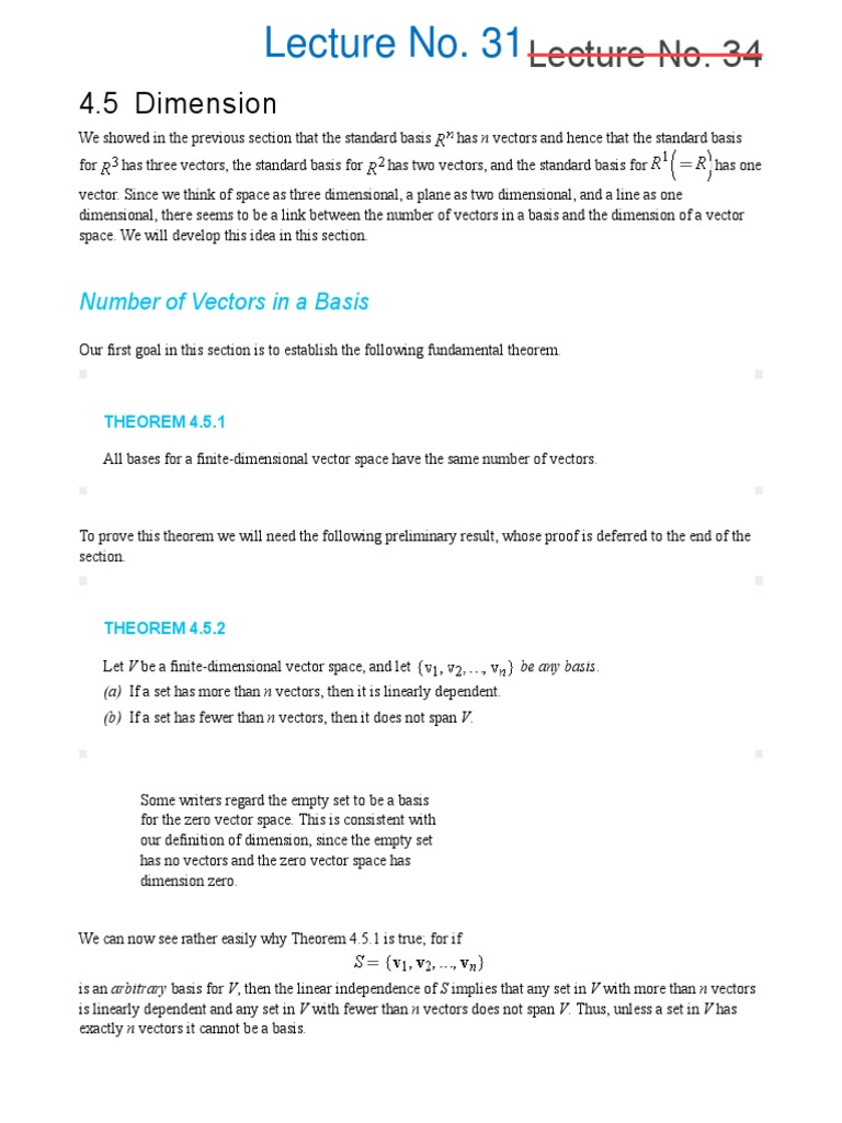 Leaner Algebra31. Lecture No. 31 | PDF | Basis (Linear Algebra) | Vector Space
