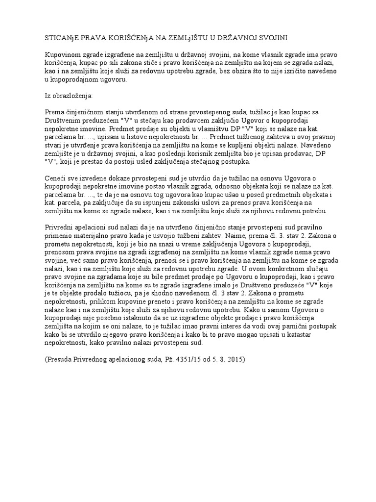 Sticanje Prava Korišćenja Na Zemljištu U Državnoj Svojini | PDF
