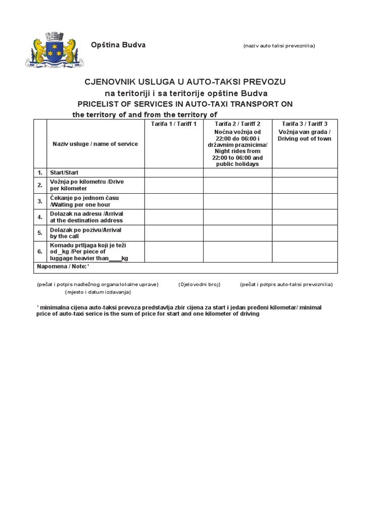 Formular Cjenovnik Taxi Usluga 2020 | PDF