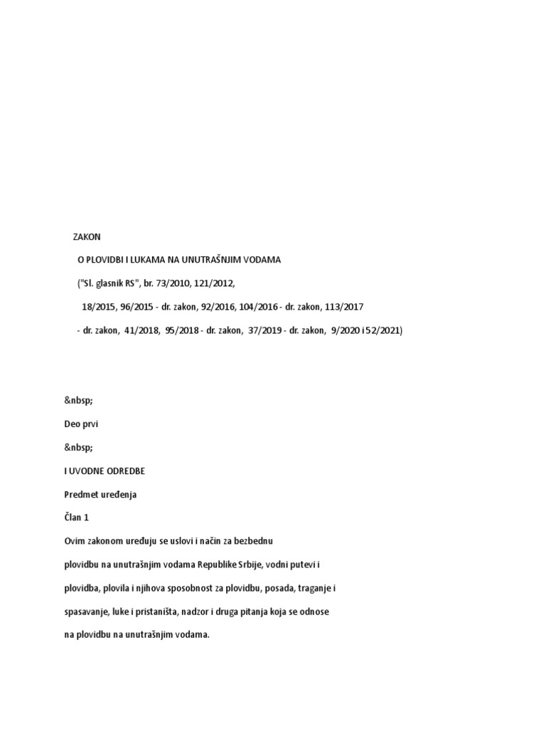 Zakon o Plovidbi I Lukama U Unutrasnjim Vodama | PDF